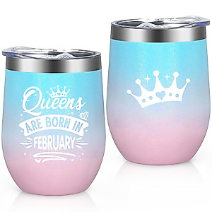 Lifecapido Queens Are Born in February Wine Tumbler 12oz - Birthday Gift for Women, Aquarius Pisces Horoscope Gifts for Mom, Wife, Sister, Friend - Blue & Pink
