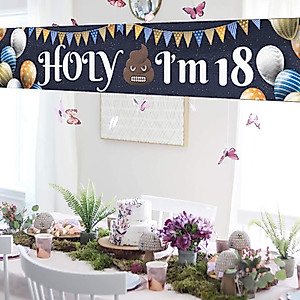 Blue White Large Holy Shit I'm 18 Banner Backdrop,Fun 18th Birthday Banner For Boy Or Girl,Cheer To 18 Years Old Party Decorations Supplies Lawn Sign Yard Sign Porch Sign Outdoor Backdrop 9.8x1.6 Feet