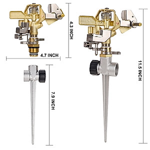 Biswing 2 Pack Brass Impact Sprinklers with Stand (Spike), Heavy Duty Lawn Head on Zinc Alloy Spike Base, Adjustable Watering Sprinkler for Large Area Grass Yards Patio Garden Irrigation