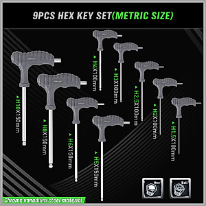 SWANLAKE 18-Piece T-Handle allen wrench set, Inch/Metric Long Arm Ball End Hex Key Wrench Set, MM(1.5mm-10mm) SAE(1/16"-3/8")