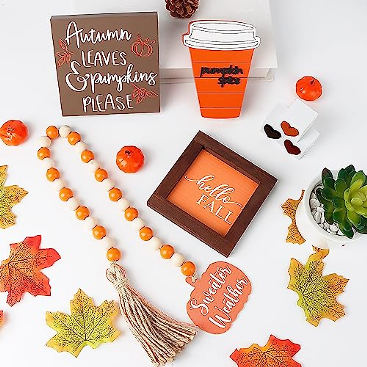 Fall Table Decor, Farmhouse Fall Home Decor Set with 3 Heart Blocks, 3 Wooden Signs and Wood Bead Garland for Tiered Tray, Shelf and Mantle - Fall Decorations for Home (Tray not Included)