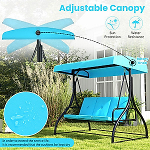 HAPPYGRILL 3 Seat Outdoor Porch Swing, 2-in-1 Swing Glider with Adjustable Canopy, Removable Cushions, Foot Pad, Curved handrails, Outdoor Swing for Patio Yard Garden Balcony Backyard, Turquoise