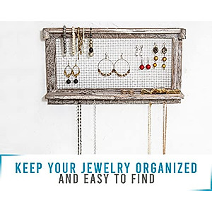 Comfify Rustic Jewelry Organizer – Wall Mounted Jewelry Holder w/Removable Bracelet Rod, Shelf & 16 Hooks – Perfect Earrings, Necklaces & Bracelets Holder – Rustic White