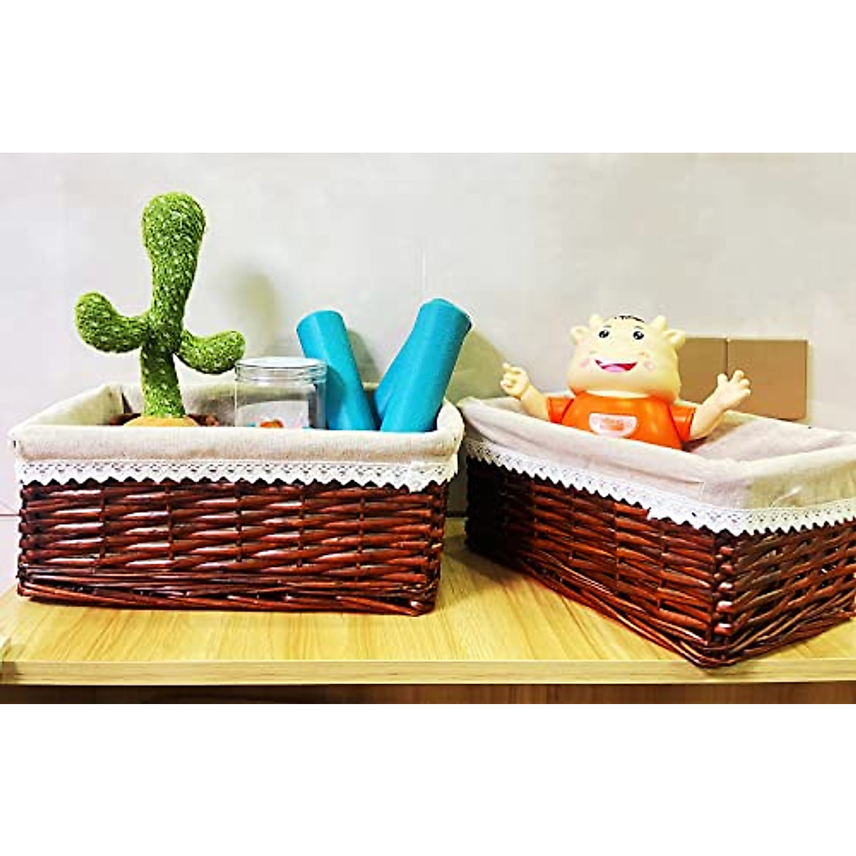 Handmade Wicker Storage Baskets Set, Shelf Baskets Woven Decorative Storage Bins Baskets Organizing Baskets, Nesting Baskets with Linings for Home (Brown)