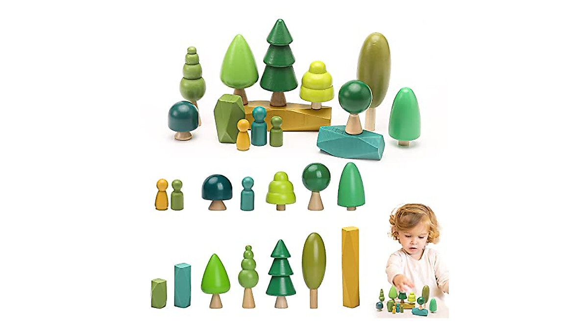 Macabaka Wooden Tree Toy Set - 14 Natural Mini Trees for Play & Decor