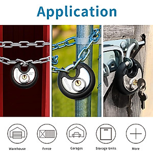 Tuff4ever 70mm Disc Padlock with Stainless Steel 3/8-Inch Shackle Heavy Duty Lock Round Outdoor Lock Storage Unit Lock Black Rubber Bumper with 3 Keys