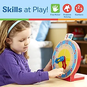 Melissa & Doug Turn & Tell Wooden Clock - Educational Toy With 12+ Reversible Time Cards , Red