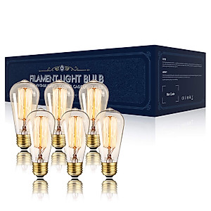 TORCHSTAR Vintage Edison Light Bulbs 60W, ST64 Edison Bulb Dimmable, Antique Squirrel Cage Bulbs, E26 Base, 2200K Amber Warm, Vintage Light Bulb for Pendant Light, No Flicker, Amber Glass, Pack of 6