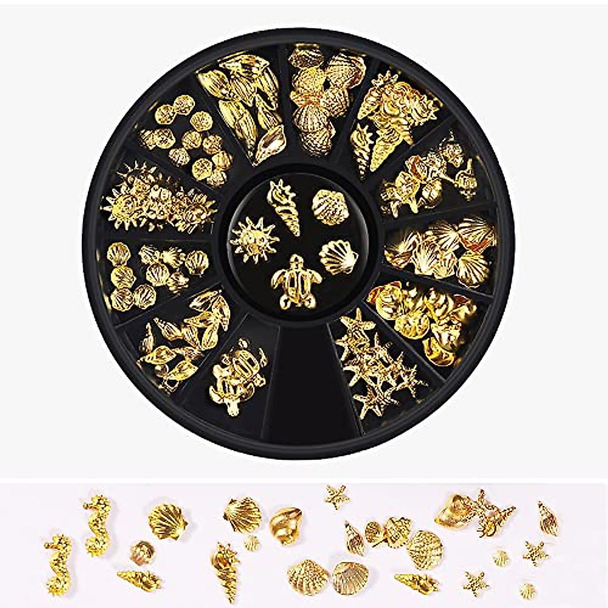 12Styles Nail Art Metal Studs Gold Metallic 3D Pieces Rivet Palm Tree Turtles Marine Life Charms for Summer Beach Ocean Manicure DIY Acrylic Nails Design Supply (Gold Ocean Studs)