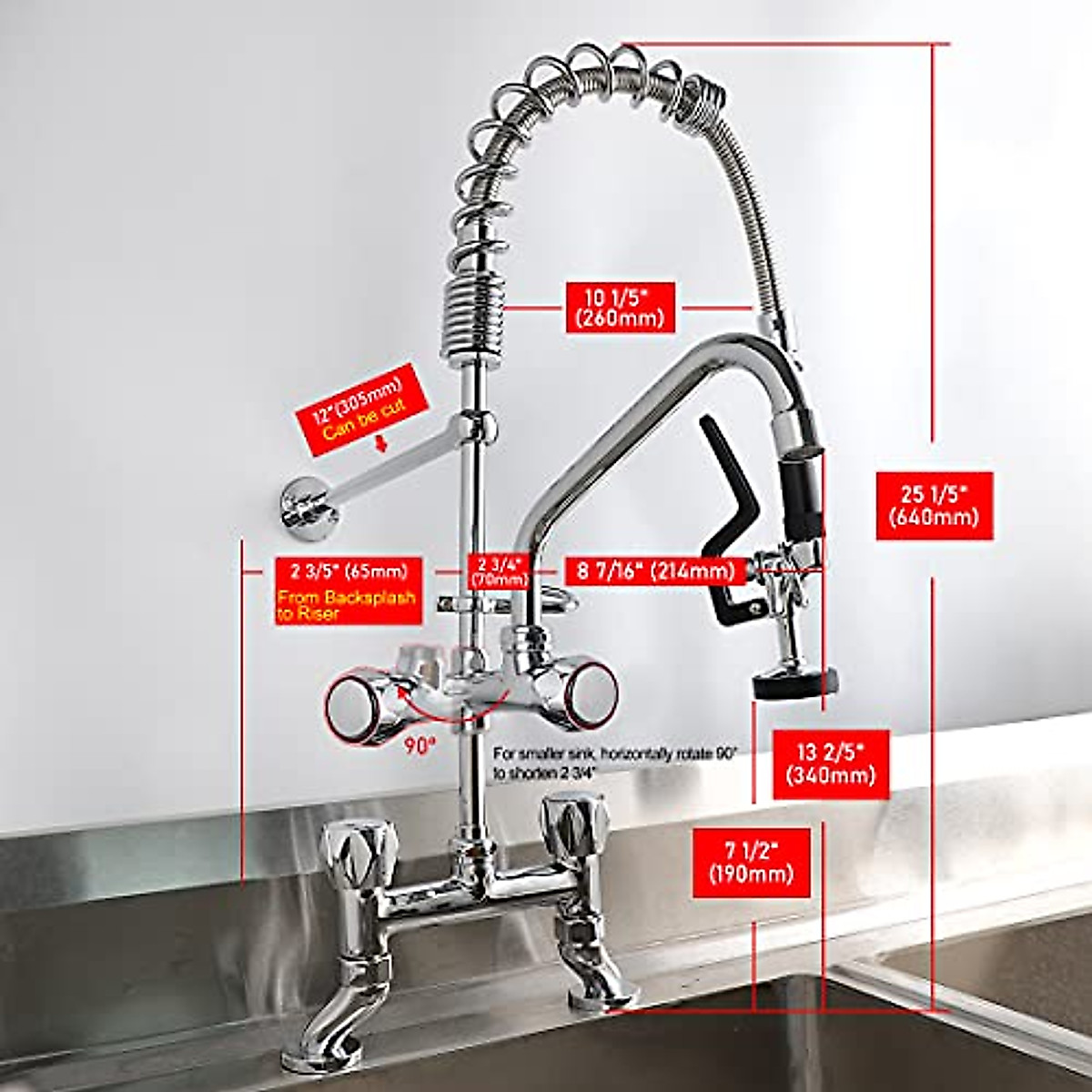 MS Commercial Kitchen Sink Faucet with Sprayer 4-8 Inch Adjustable Center Deck Mount 25'' Height Brass Pre Rinse Unit with Spray Valve and 8 inch Add on Spout Fit for Restaurant Hotel Laundry Sink