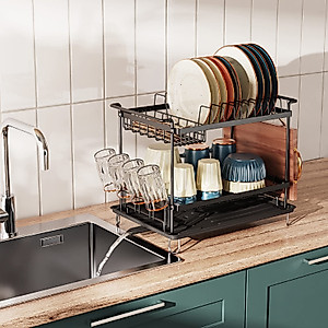 GSlife Dish Drying Rack 2-Tier Small Dish Rack with Drainboard Set, Utensils Holder, Glass Holder and Cutting Board Holder Metal Dish Draine for Kitchen Counter, Black