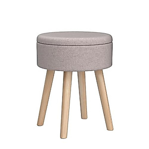 Mxfurhawa Storage Ottoman Linen Round Vanity Stool Tray Top Modern Foot Stool with Wood Legs Multifunctional Upholstered Foot Ottoman Rest for Living Room, Bathroom, Makeup (Grey)