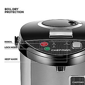 Chefman Electric Hot Water Pot Urn w/ Auto & Manual Dispense Buttons, Safety Lock, Instant Heating for Coffee & Tea, Auto-Shutoff/Boil Dry Protection, Insulated Stainless Steel, 5.3L/5.6 Qt/30+ Cups