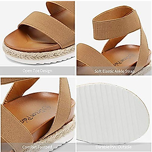 DREAM PAIRS Women's Open Toe Elastica Ankle Strap Espadrille Dressy Flatform Wedge Sandals Elastic Ankle Strap Platform Sandals, Jimmie, Camel, Size 7