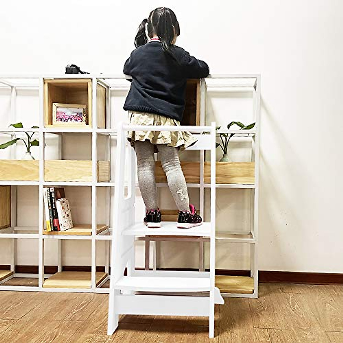 ZZBIQS Wooden Kitchen Toddler Step Stool Helper, Height Adjustable Learning Toddler Tower with Safety HandRail, Standing Tower Daycare Furniture for Kids (White)