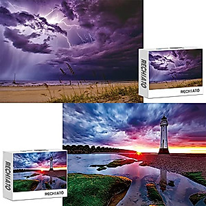 2 Pack 1000 Pieces Sunset Lighthouse & Purple Lightning Puzzle, Talacre Lighthouse UK & Landscapes of Thunder Storm, Jigsaw Puzzles for Adults 1000 Pieces and Up, Beach Puzzle Gifts for Women & Mom