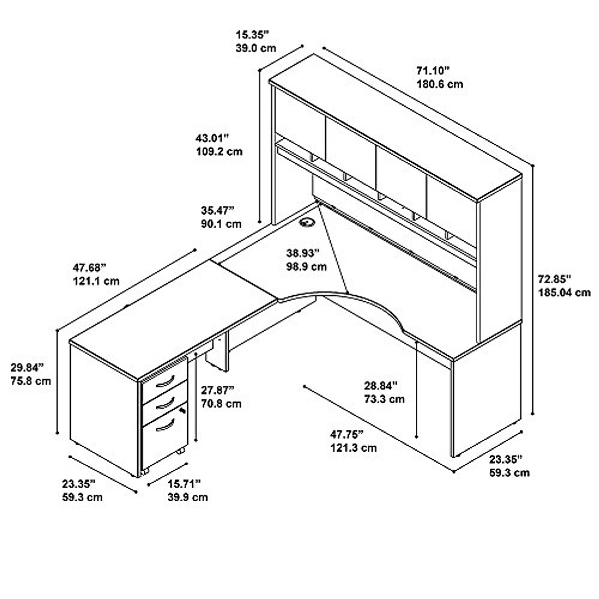 Bush Business Furniture Series C 72W Left Handed Corner Desk with Hutch and Mobile File Cabinet in Hansen Cherry