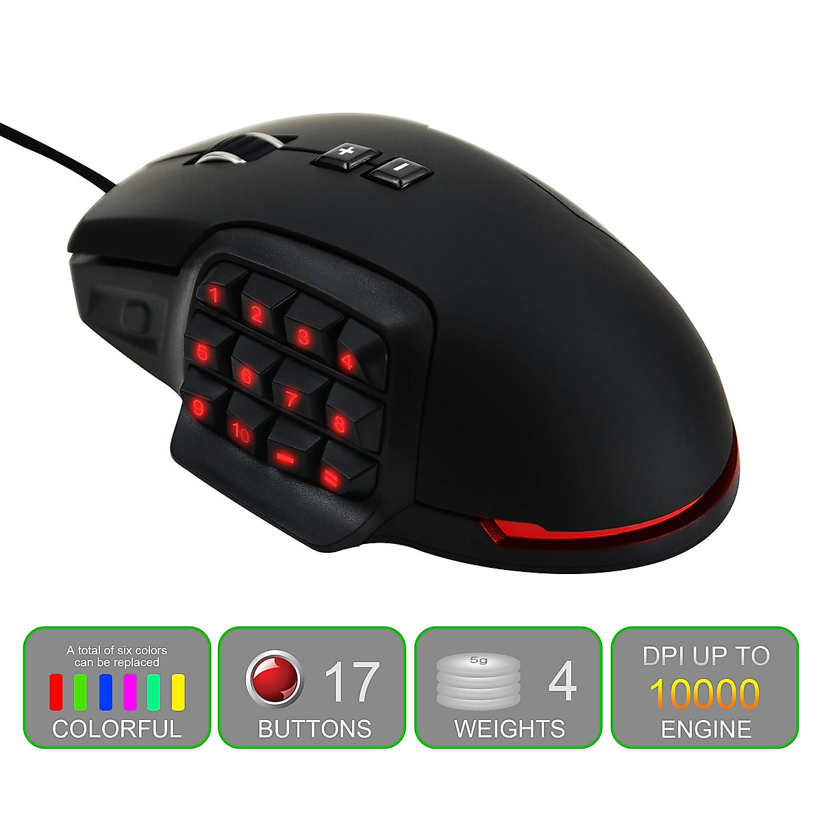 A ADWITS MMO Programmable Gaming Mouse, Pixart True 10000 DPI Sensor, Ergonomic Design with Customizable 17 Buttons, LED Light, 4 x 5g Weights and Polling Rate Up to 1000 Hz, Black