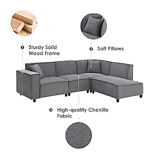 Brabrety 97 * 74" Modern Minimalist Style Sectional Sofa,L-Shaped Couch Set with 2 Free Pillows,5-seat Chenille Fabric Couch with Chaise Lounge for Living Room, Apartment, Office. (Grey#Chenille)