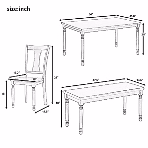 Lifeand Piece Wooden Table and 4 Chairs with Bench for Kitchen Room (Brown+Cottage White), Classic Dining Set for 6