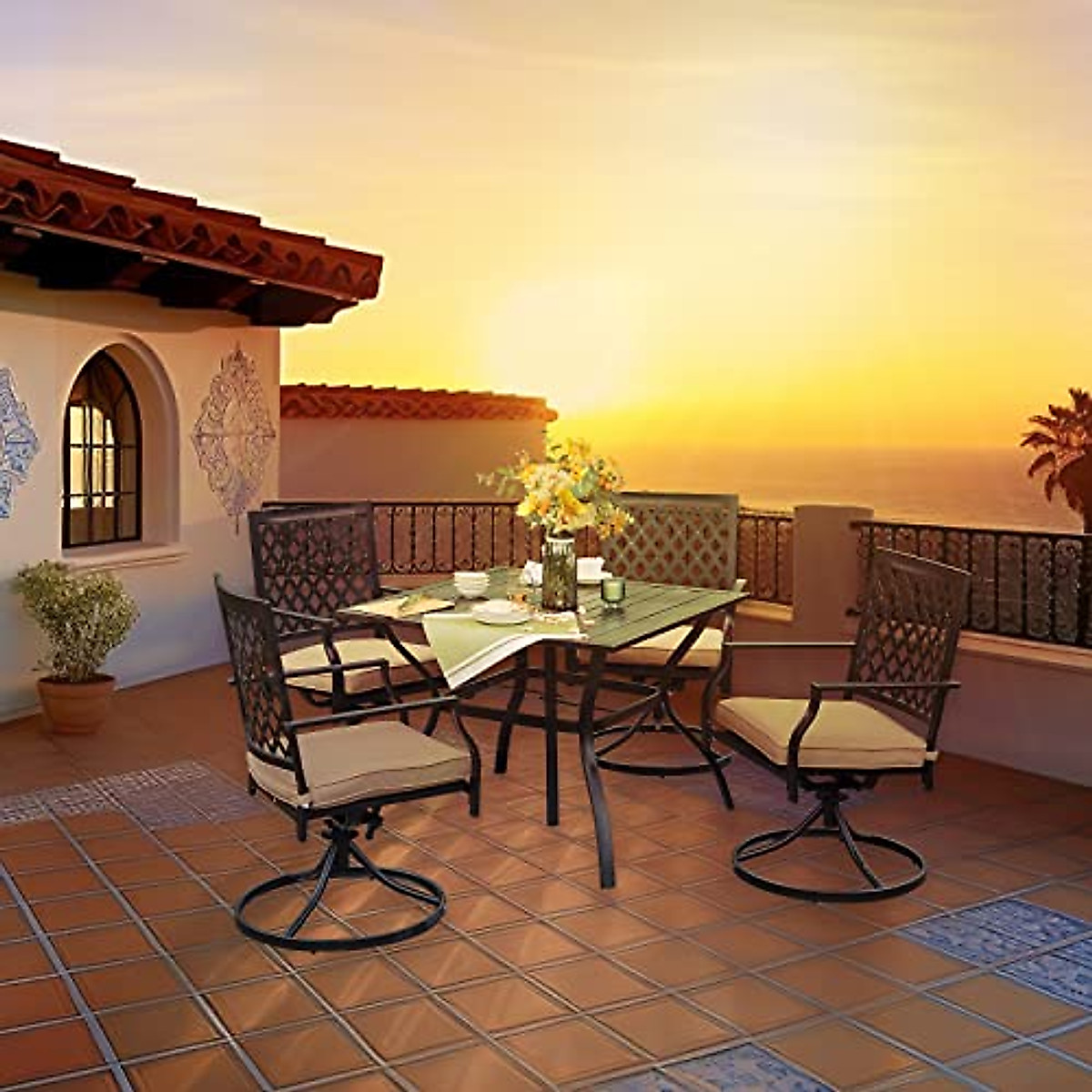 VICLLAX Steel Slat Square 1.57" Garden, Backyard and Porch Umbrella Hole 37 Inch Patio Dining Outdoor Metal Table, Black