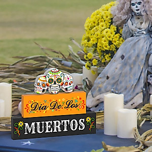 3 Pieces Day of The Dead Decorations Dia De Los Muertos Wooden Blocks Sugar Skull Wooden Sign Day of The Dead Table Centerpiece Decor for Mexican Day of The Dead Decor and Halloween Home Decorations