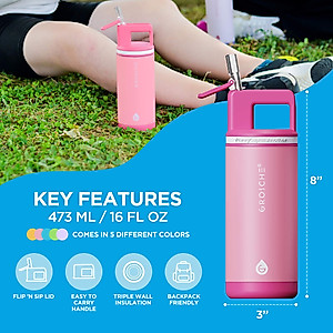 GROSCHE Alpine Flip n' Sip 16oz Insulated Kids Water Bottle - Stainless Steel, Leakproof Flask with Straw - Perfect for Gym, Travel & Outdoor Use - Keeps Water Cold upto 60 hrs - Flamingo Pink