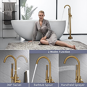 TapLong Brushed Gold Floor Mounted Tub Filler Shower Faucet Freestanding Bathtub Faucet with Hand shower High Flow Rate Max 6 GPM-51015BG