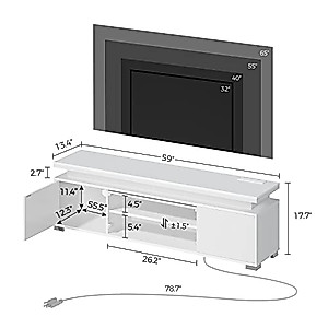 Rolanstar TV Stand with LED Lights & Power Outlet, Modern Entertainment Center for 32/43/50/55/65 Inchs TVs, TV Table, Universal Gaming LED TV Media stand with Storage Cabinet and Large Storage, White