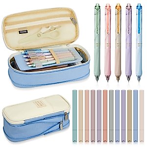 18 Pcs Aesthetic School Supplies Including Big Capacity Pen Case Bag with Zipper 12 Pcs Chisel Tip Aesthetic Cute Highlighters 5 Pcs Retractable Quick Dry Black Ink Pens(Light Blue, Fresh Style)