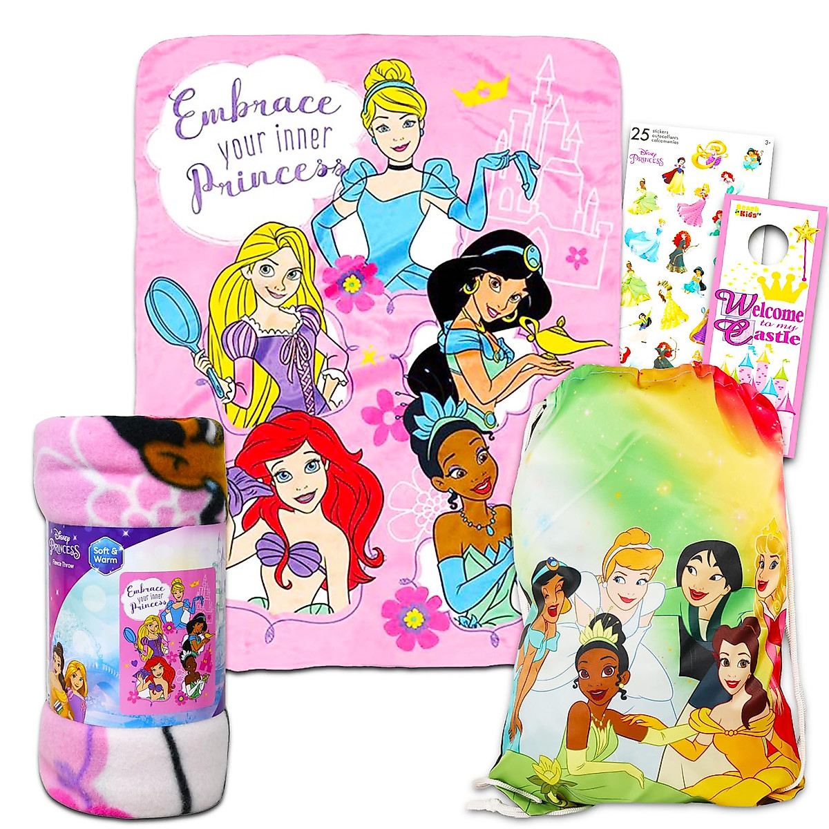 Disney Princess Fleece Blanket Sleepover Set for Girls - Bundle with 45x60 Inch Princess Throw Blanket, Drawstring Bag, Stickers and More (Disney Princess Room Decor)