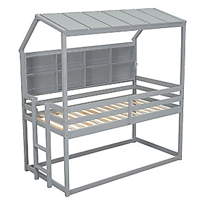 Bellemave Twin Size House Bunk Bed with Bookshelves for Kids,Twin Over Twin Floor Bunk Beds with Semi-Enclosed Roof,Solid Wood Twin Size Low Bunk Bed for Girls Boys,Gray