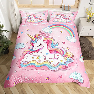 jejeloiu Cute Unicorn Bedding Set Full Size Kids Pink Cartoon Unicorn Comforter Cover Set for Boys Girls Teens Magical Animal Decor Duvet Cover Dreamy Horse Bedspread Cover Room Decor Quilt Cover