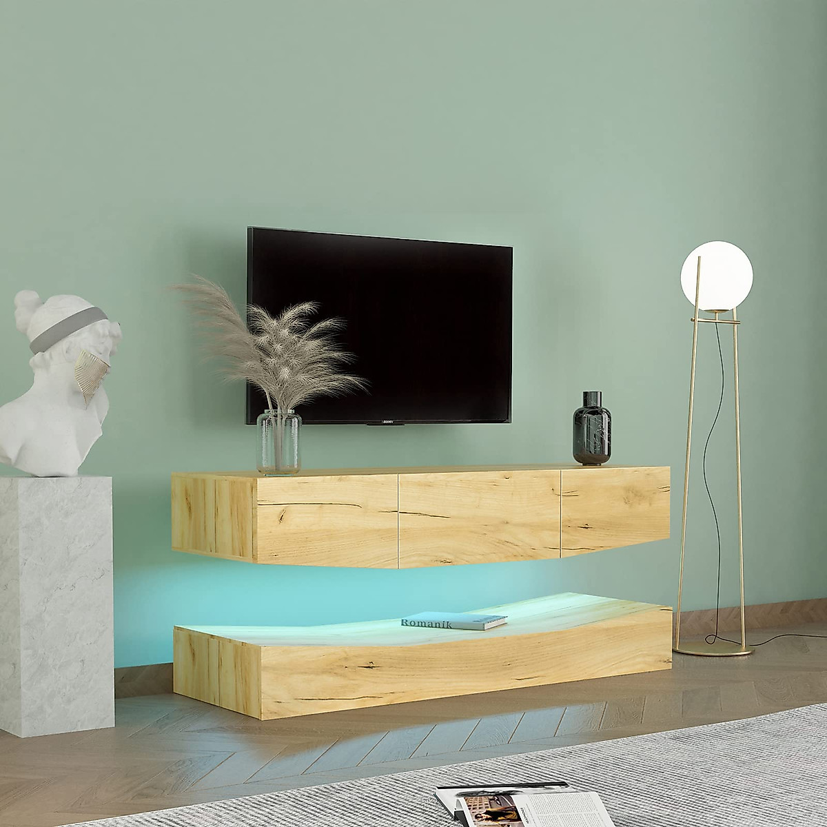 Wood Floating TV Stand for 55 Inch TV LED TV Console Wall Mounted Entertainment Center with Display Platform and 3 Drawers Media Table Cabinet for Living Room Oak