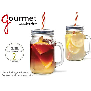 Starfrit 2-Pack Mason Jar Mugs with Reuseable Straws, Clear