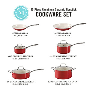 Martha Stewart Lockton Premium Nonstick PFA Free Ceramic Interior 10 Piece Enamel Heavy Gauge Aluminum Pots and Pans Cookware Set - Red