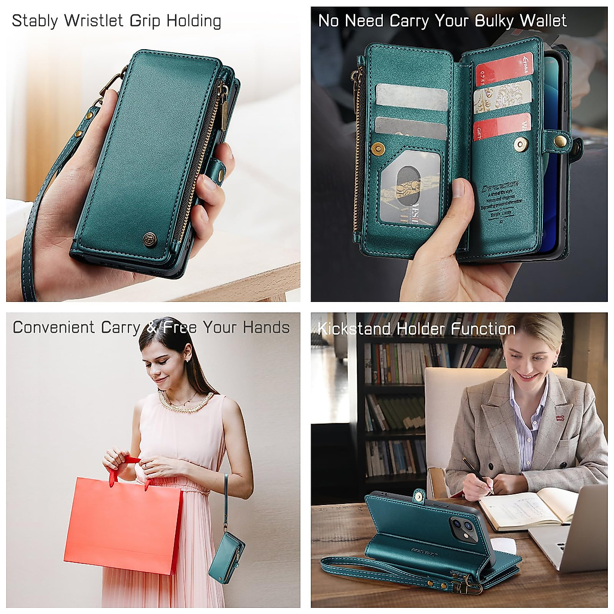 Defencase for iPhone 12/12 Pro Case, RFID Blocking for iPhone 12 Wallet Case for Women with Card Holder, Zipper Magnetic Flip PU Leather Strap Protective Cover for iPhone 12/Pro Phone Case, Blue Green