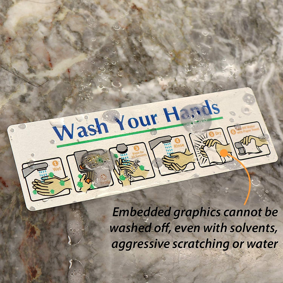 SmartSign 2 x 6 inch “Wash Your Hands” Hand Washing Instructions Sign with Adhesive Backing for Bathroom, Matte Finish, 32 mil Anodized Aluminum, Multicolor, Made in USA