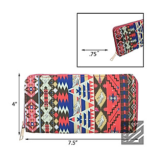 Wallet with Aztec Fabric Tribal Print Long Wallet Clutch - Coral Blue