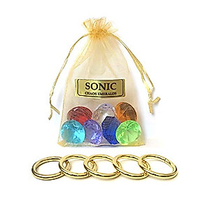 Sonic 7 Chaos Emeralds Gems & 5 Gold Power Rings - By AAA WORLD