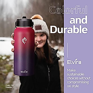 Elvira 32oz Vacuum Insulated Stainless Steel Water Bottle with Straw & Spout Lids, Double Wall Sweat-proof BPA Free to Keep Beverages Cold For 24Hrs or Hot For 12Hrs-Wine Red/Violet Gradient