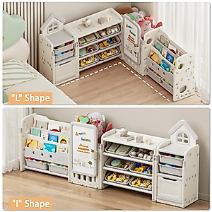 Kids Toy Storage Organizer with 10 Removable Bins, Foldable Toy Organizers and Storage with 3-Tier Bookshelf for Kids Toy Storage Organizer with Drawing Board, Extra 3 Brushes (4 In 1 Off-white)