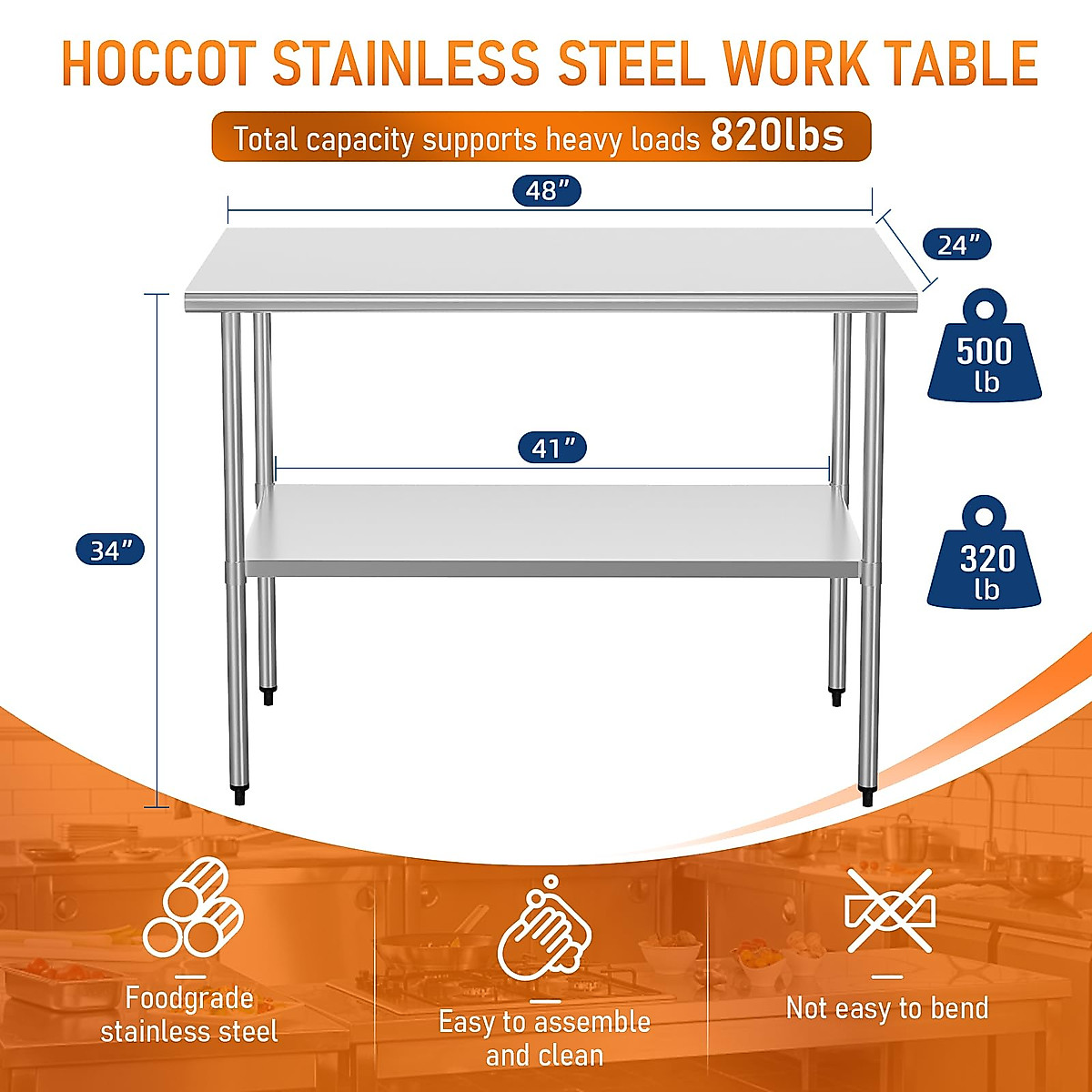 HOCCOT Stainless Steel Table for Prep & Work 24" X 48" inches with Adjustable Shelf, Commercial Workstations, Utility Table in Kitchen Garage Laundry Room Outdoor BBQ