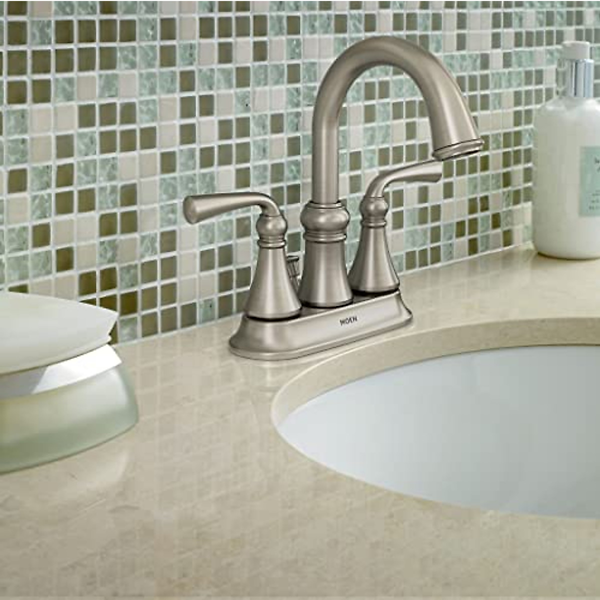 Moen Wetherly Spot Resist Brushed Nickel Two-Handle High Arc Bathroom Faucet, WS84850SRN