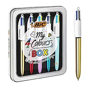 BIC 4 Colours Pens In A Special Metal Tin of 5 Pens, Includes mix of Shine and Bright Barrel Coloured Ink,Black, red, blue, green