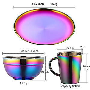 Plate and Bowl Sets, Stainless Steel Rainbow Dishes Bowls Mugs Kitchen Dinnerware Set Service for 4 (Rainbow, 9 inch plate/5.1 inch bowl/cups)
