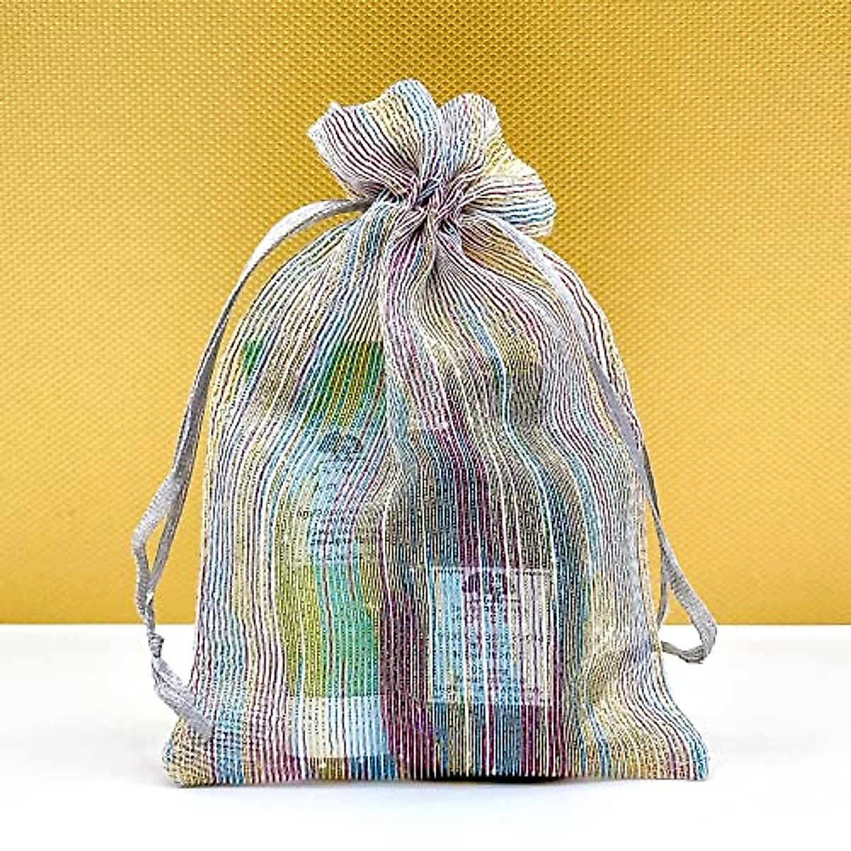 TheDisplayGuys - 96-Pack Striped Weave Organza Gift Bags with Drawstrings - Small 3" x 4" - Iridescent - for Party Favors, Samples,Treats