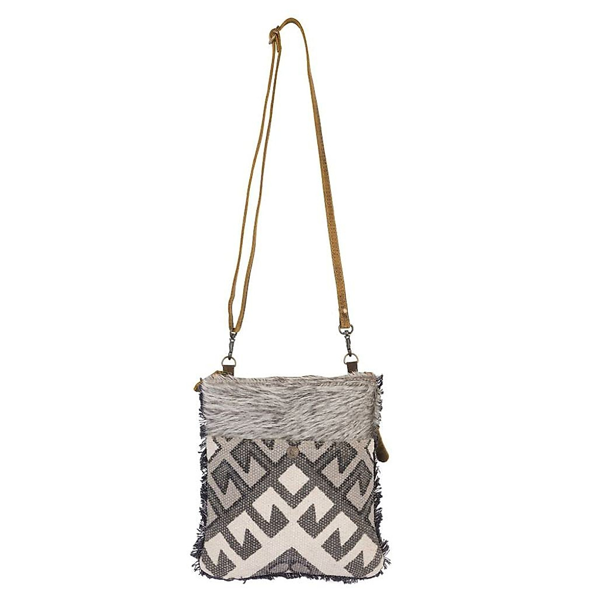 Myra Bag Crisscross Fanrtasy Small & Crossbody Bag Upcycled Canvas, Leather, Cowhide & Rug S-2196