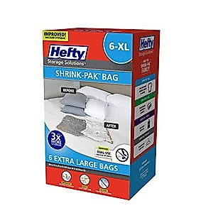 Hefty Shrink-Pak – 6 Extra Large Vacuum Seal Storage Bags – Space Saver Bags for Clothing, Pillows, Towels, or Blankets, 6 x XL Bags