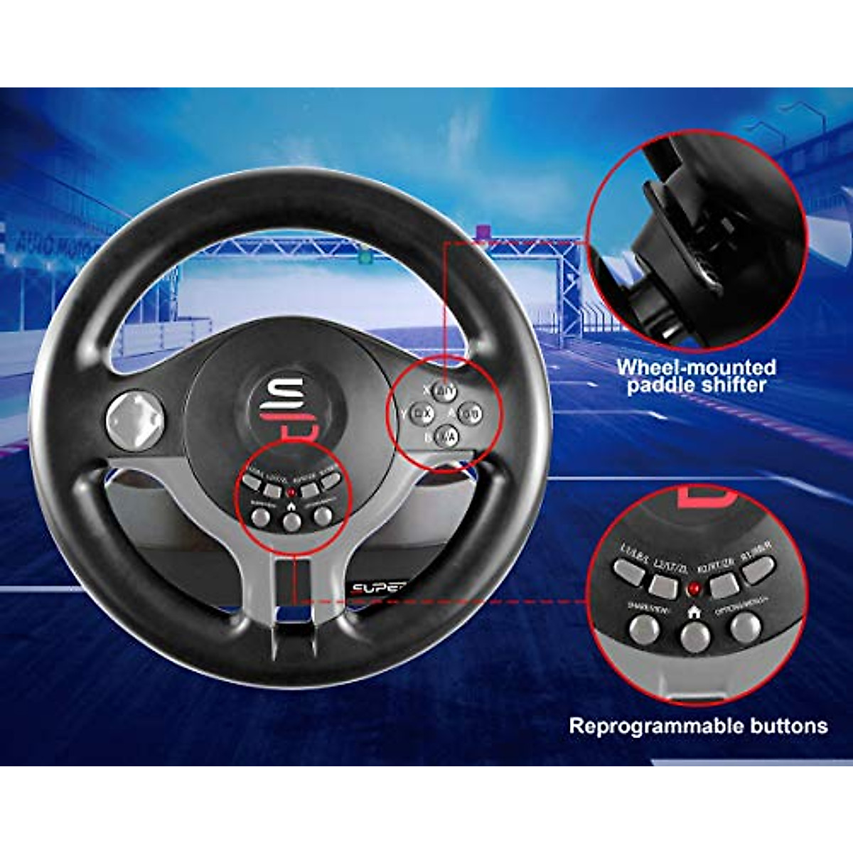 Superdrive - racing Driving Wheel with pedals and gearshift paddles for nintendo Switch - Ps4 - Xbox One - PC - Ps3